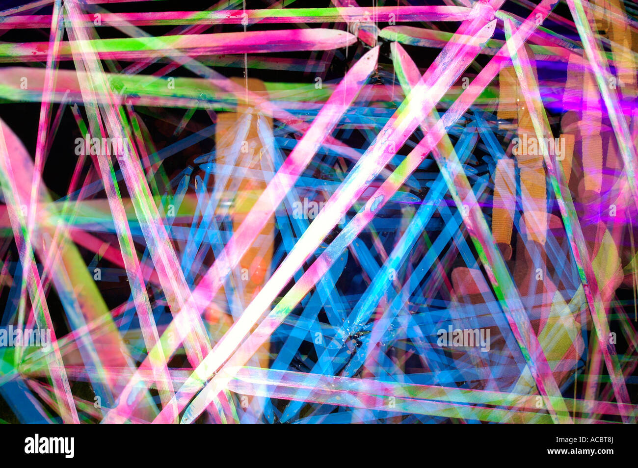 Colourful psychedelic fluorescent decoration at rave party Hilltop 2007 ...