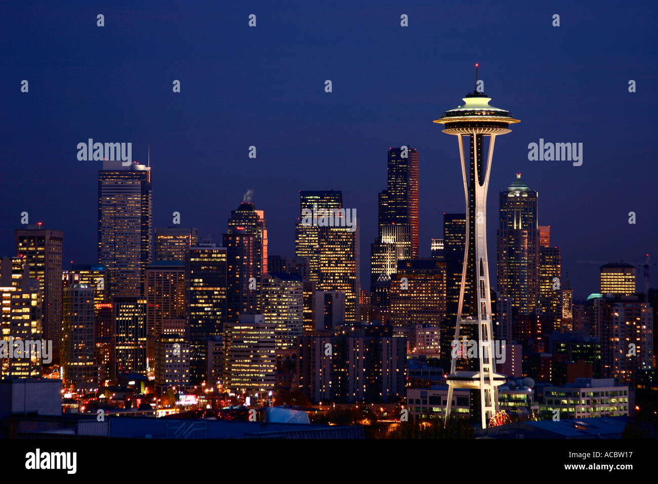 Space Needle and Seattle skyline at night Stock Photo - Alamy