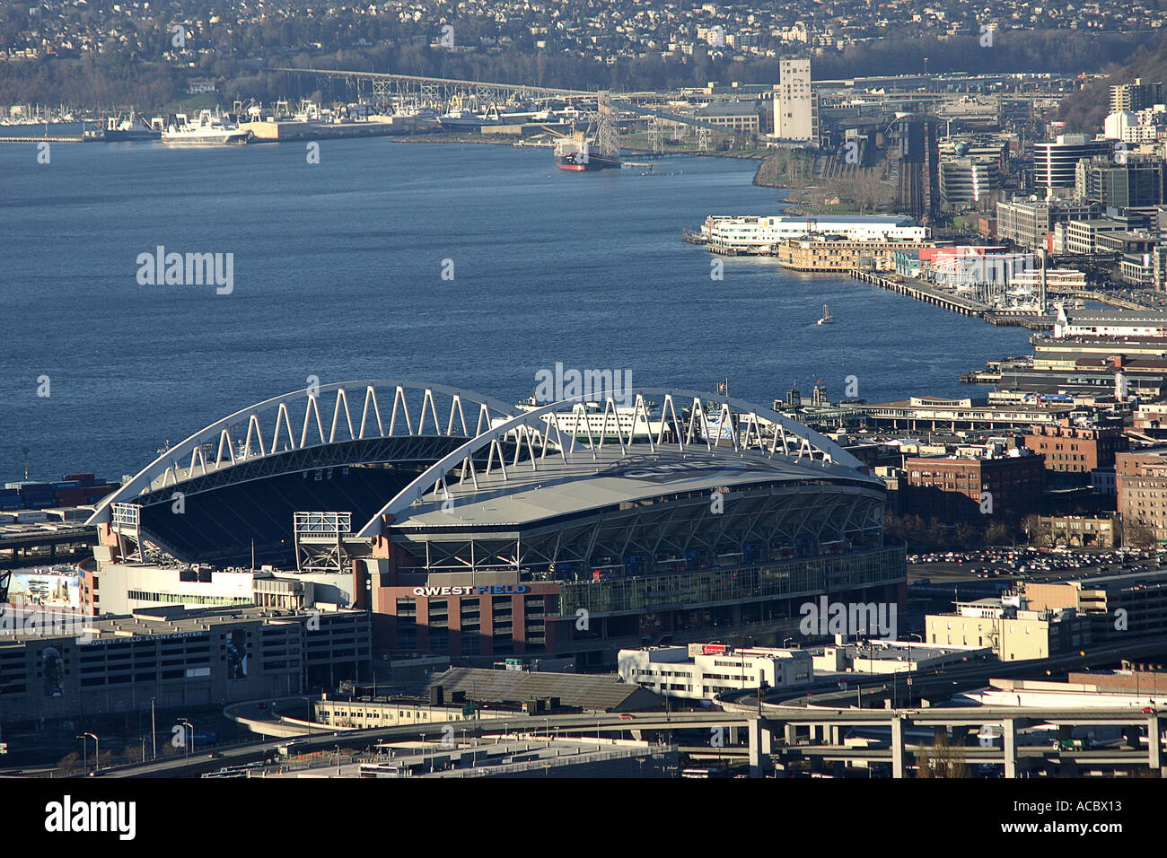 Aerial view of Seattle water front and Qwest field from the South Stock ...