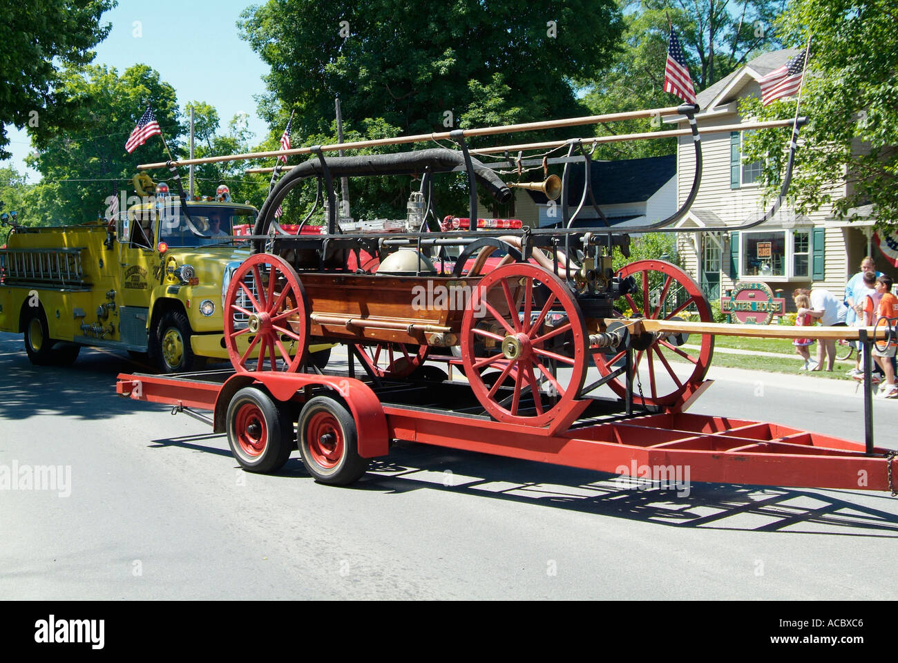 Current and vintage historic fire trucks at Independence Day parade at ...