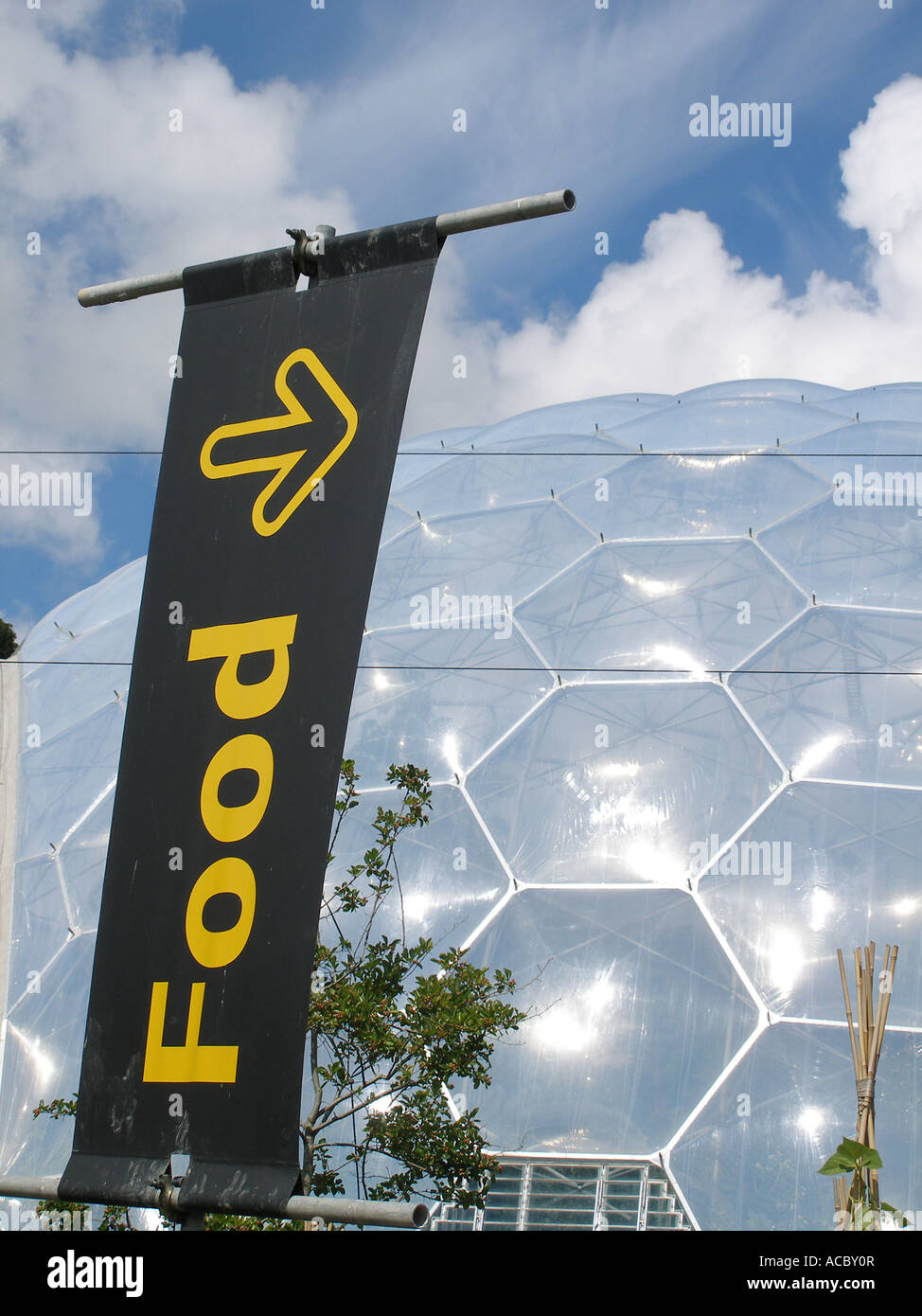 Eden Project,Cornwall,food sign with greenhouse in the background on ...