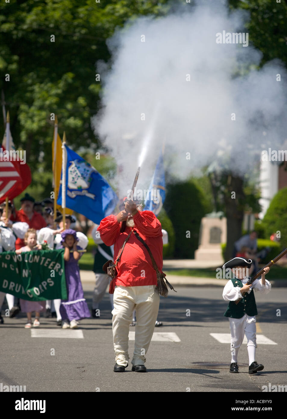 Revolutionary era musket being fired during a 4th of july parade in New ...