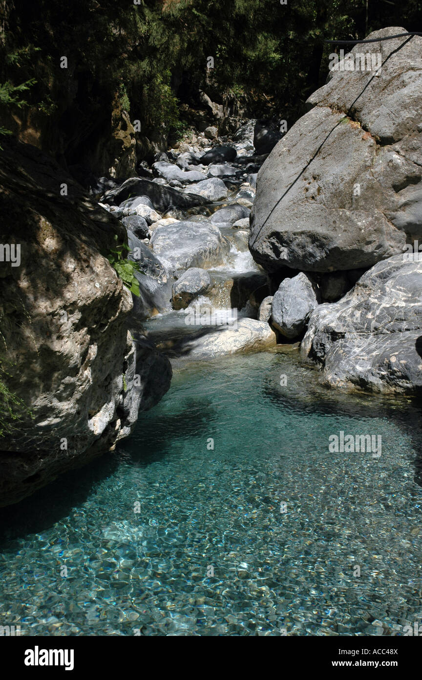Clear water of creek in Samaria Gorge national park in the greek island ...