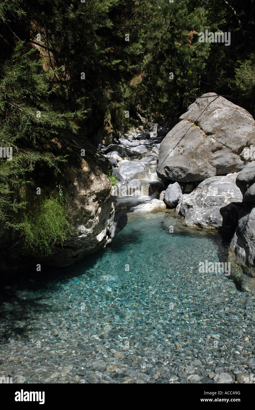 Clear water of creek in Samaria Gorge national park in the greek island ...