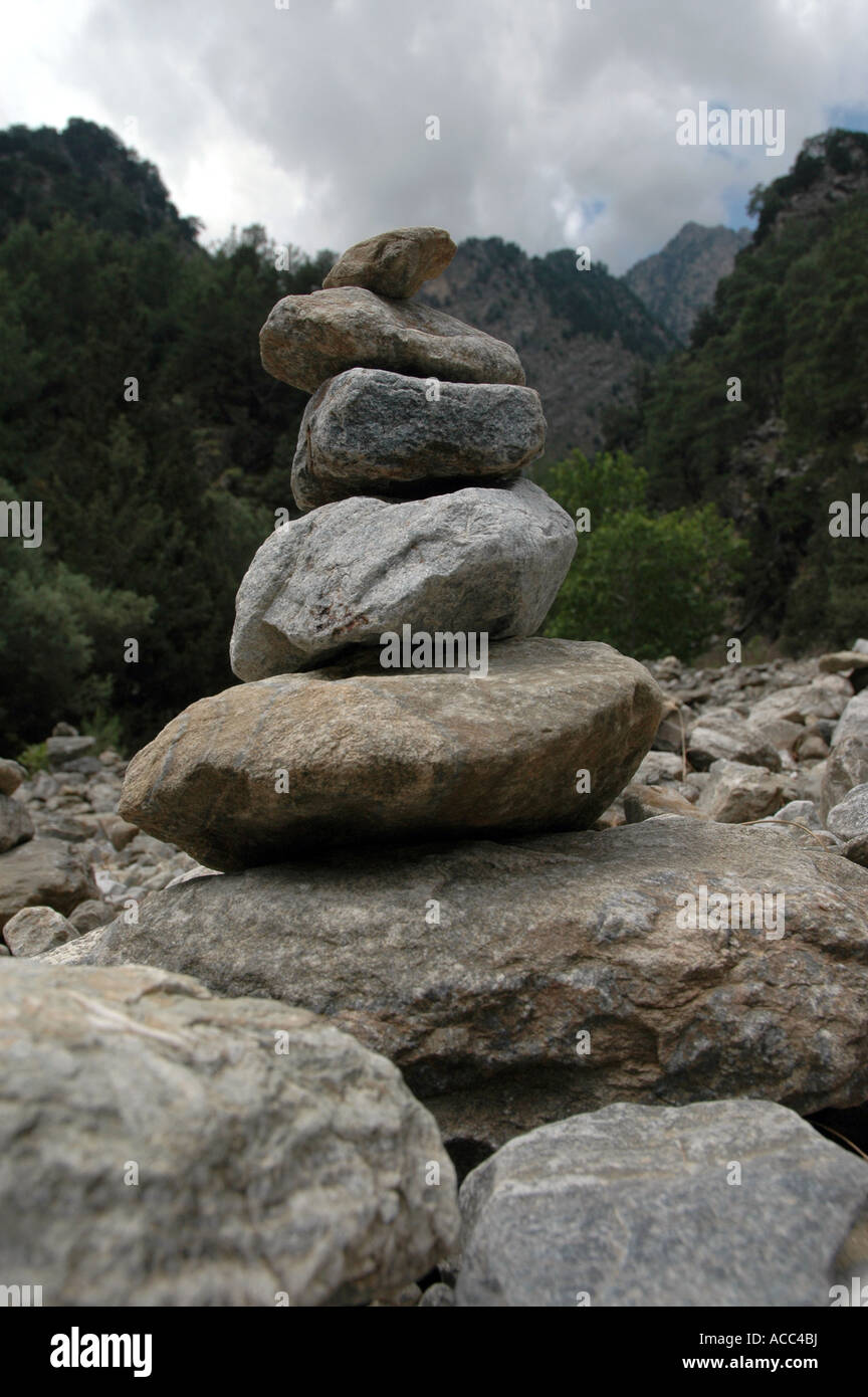 Small pile of stones made by tourists Samaria Gorge national park in ...