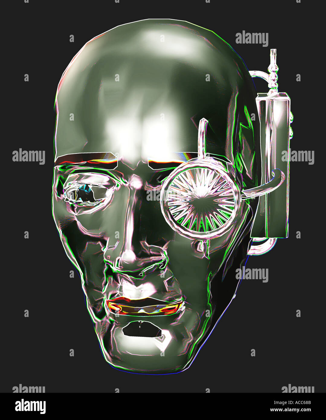 3D computer generated chrome robot face with headset Stock Photo - Alamy