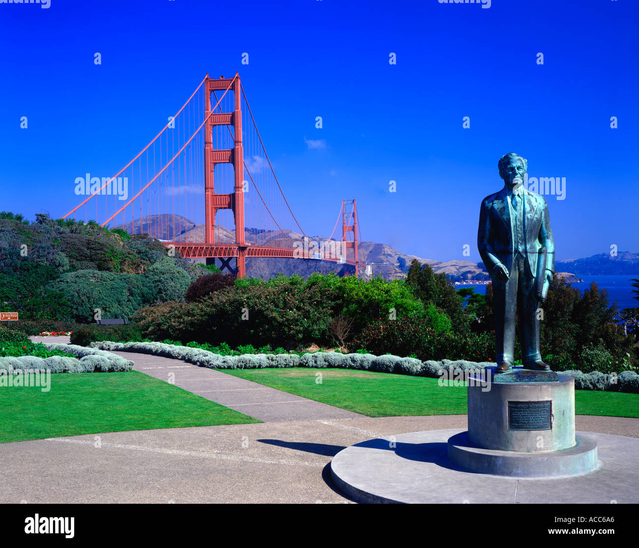 Golden Gate Bridge with statue of builder Joseph Strauss in San ...