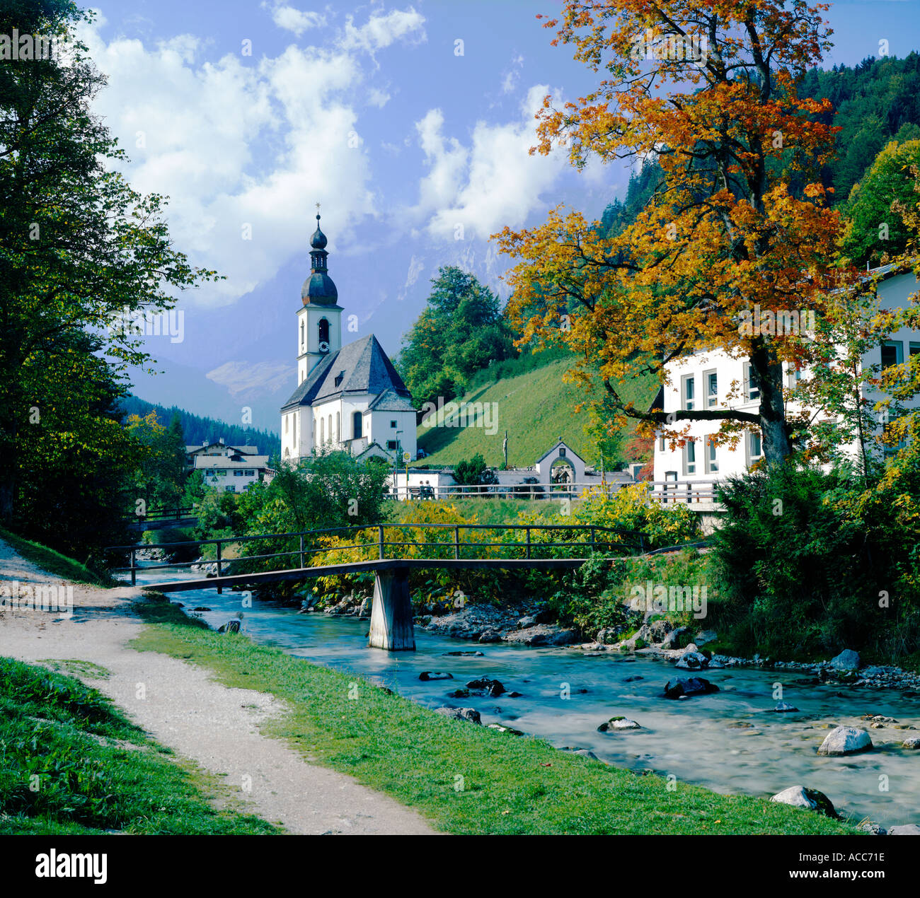 village of Ramsau Germany showing a church and stream Stock Photo - Alamy