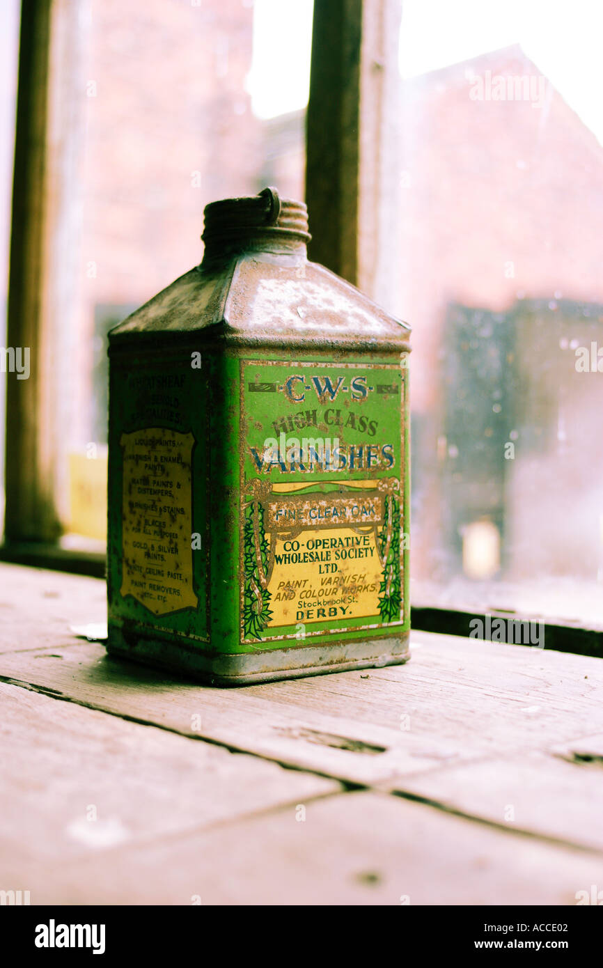 OLD CO OP VARNISH TIN SAT ON WOODEN WINDOW LEDGE Stock Photo - Alamy