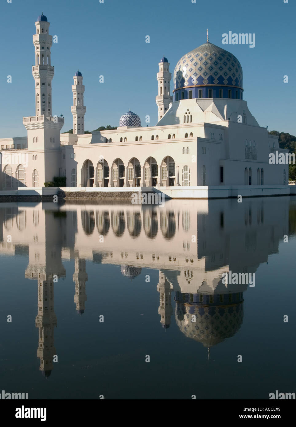 REFLECTION OF THE FLOATING MOSQUE IN LAKE, LIKAS, NEAR KOTA KINABALU ...