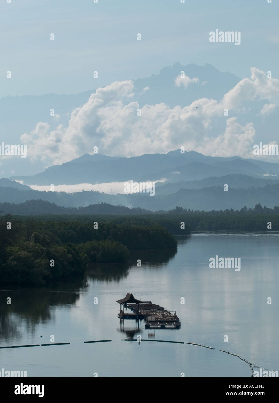 MOUNT KINABALU WITH MENKABONG RIVER AND FISHING PONTOON, TUARAN ...