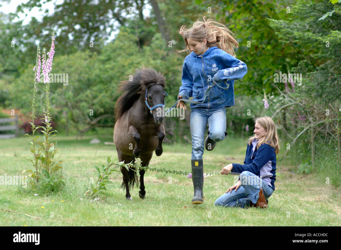 girl jumping with pony Stock Photo - Alamy