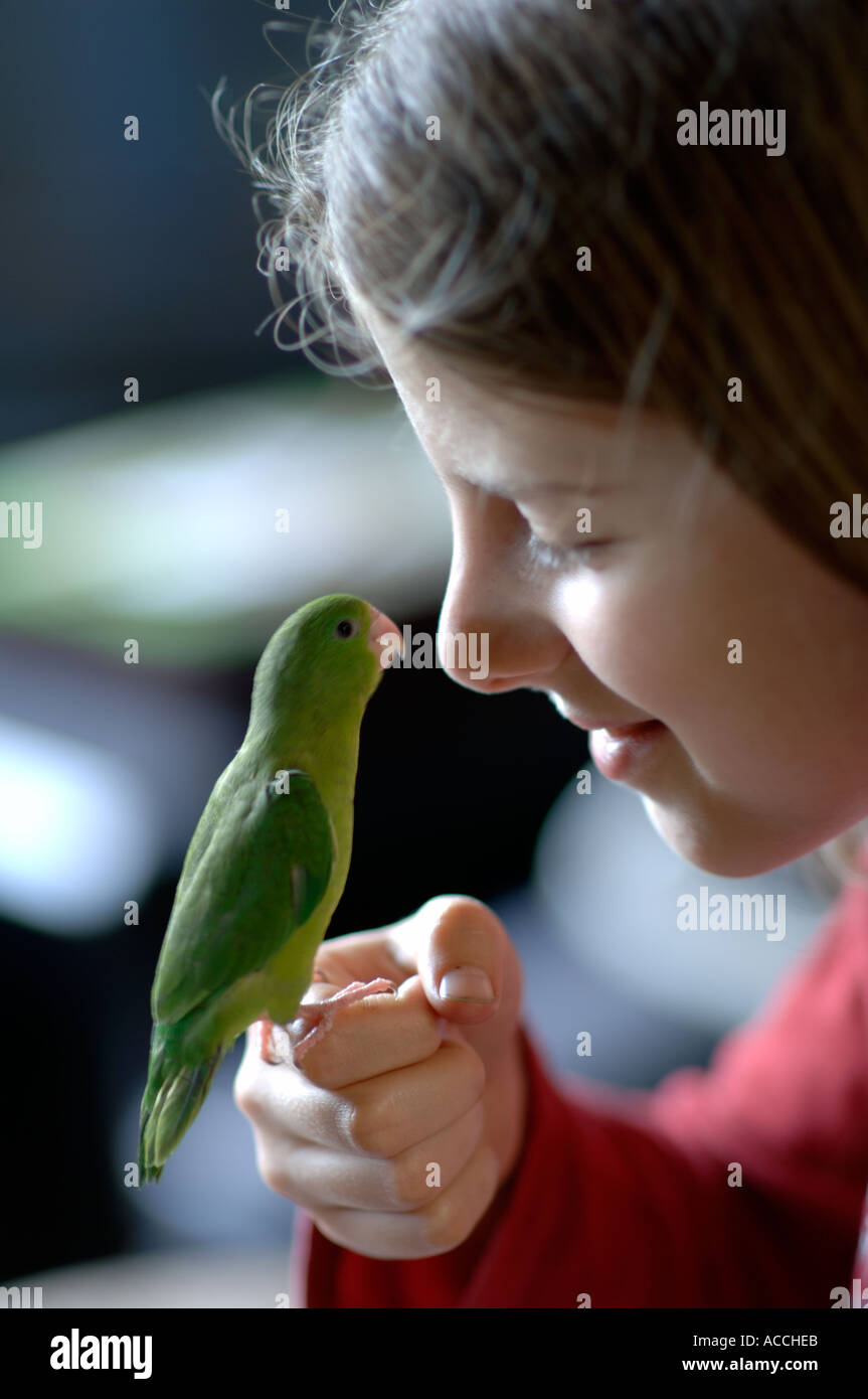 Portait of young girl with pet parrot on her finger Stock Photo - Alamy
