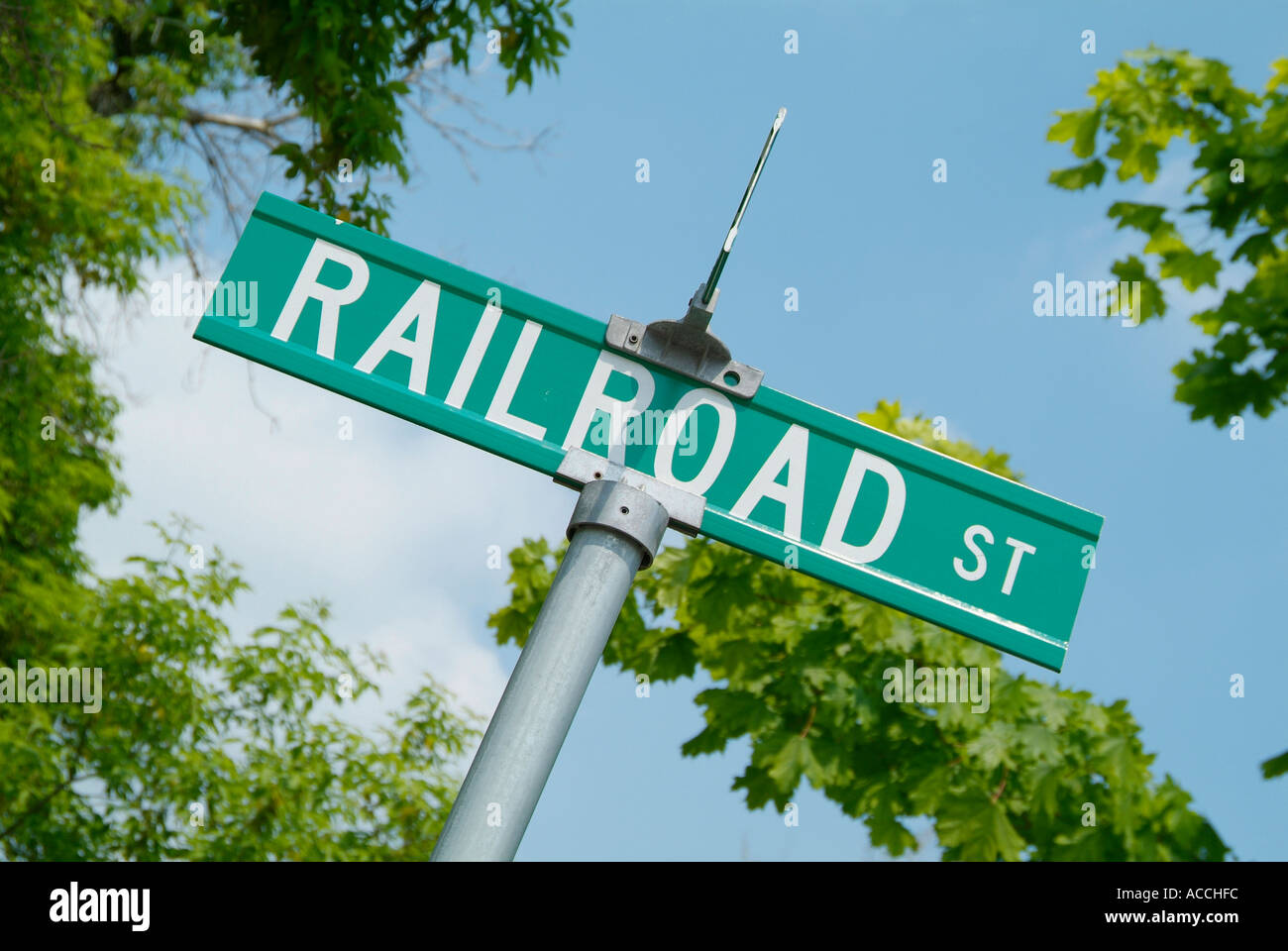 Road marker Street direction sign showing location of railroad street ...