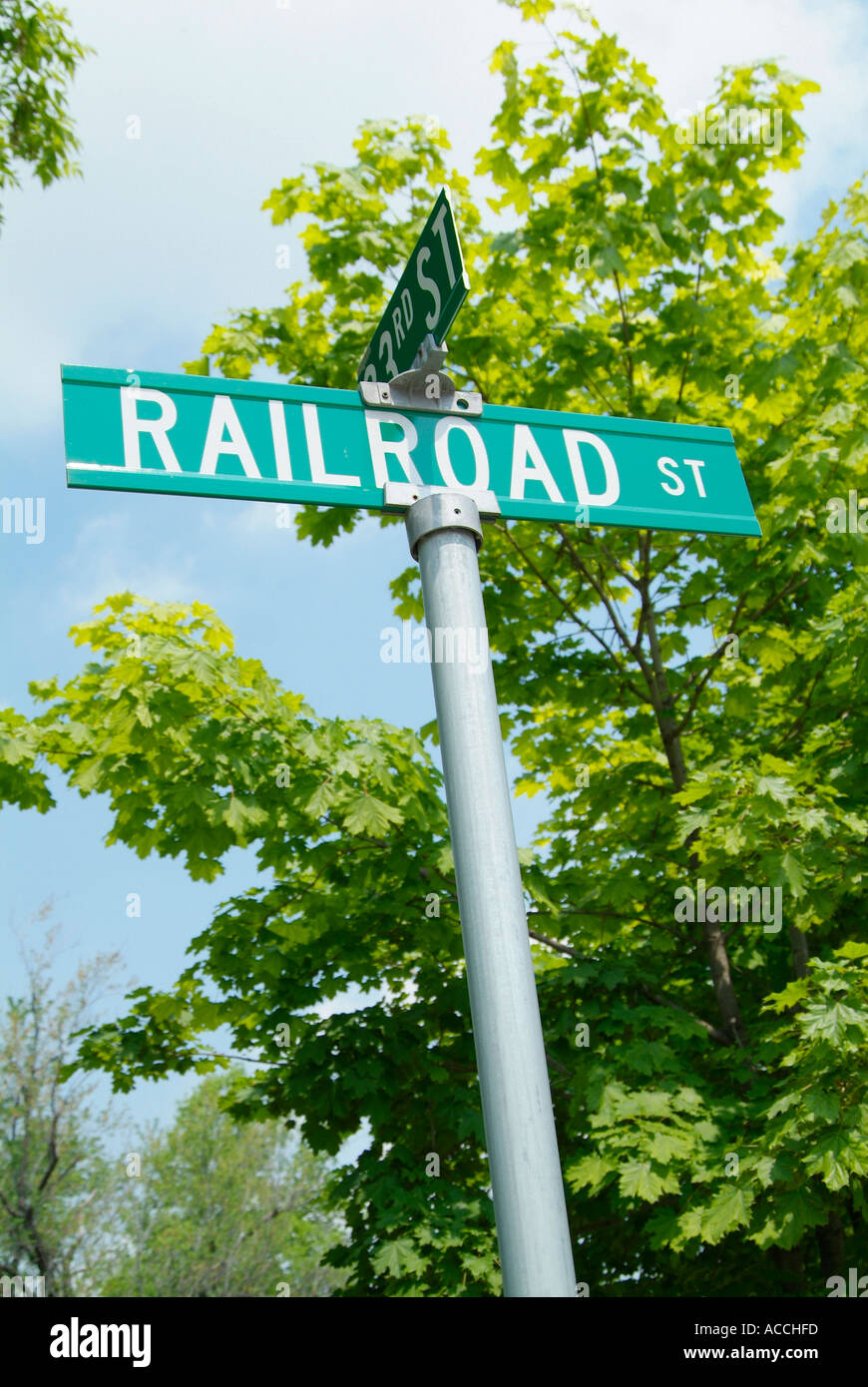 Road marker Street direction sign showing location of railroad street ...