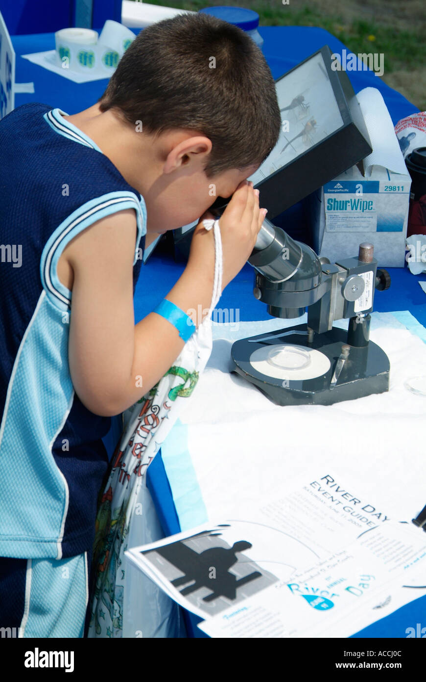 Child looks through microscope at elementary school age science fair ...