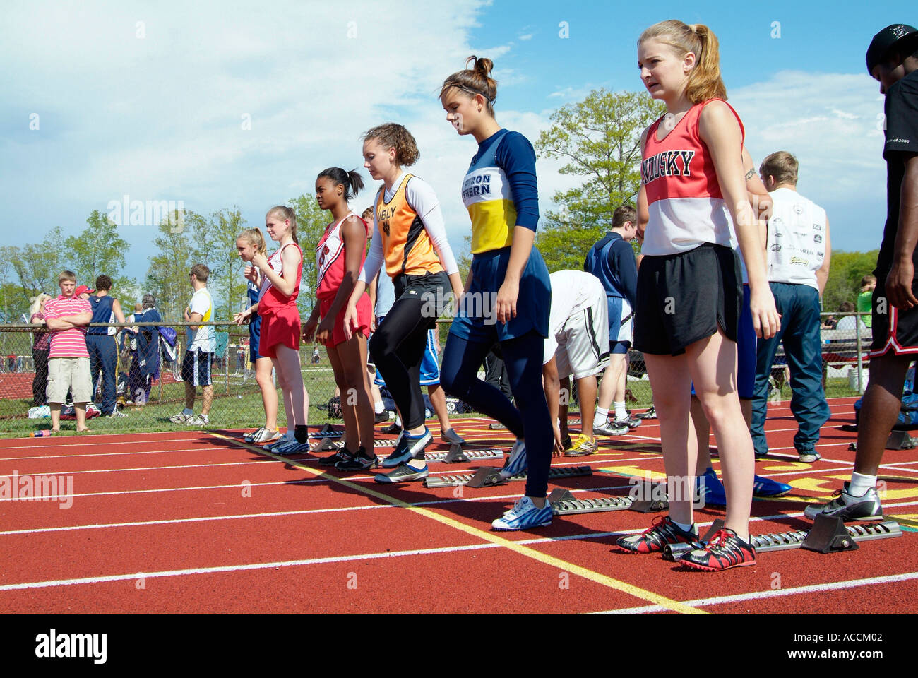 High School Track and Field Events the start of the dash Stock Photo ...