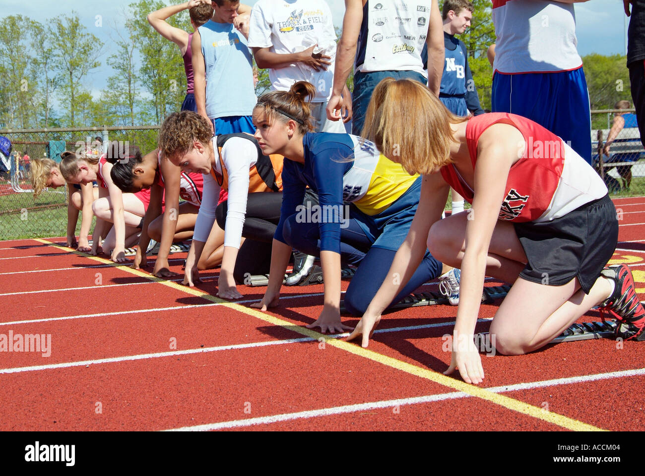 High School Track and Field Events the start of the dash Stock Photo ...