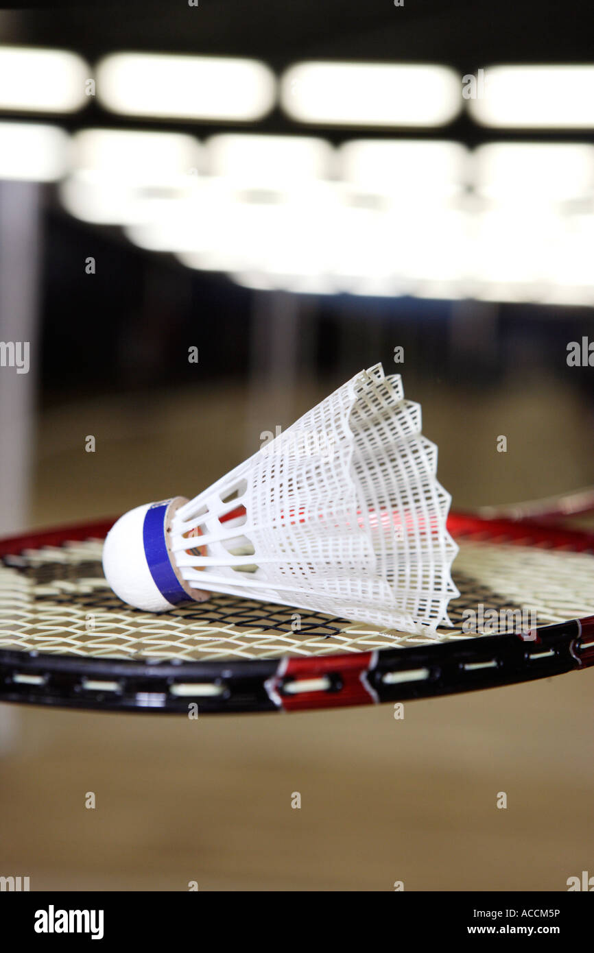A shuttlecock on a badminton racket close-up Stock Photo - Alamy