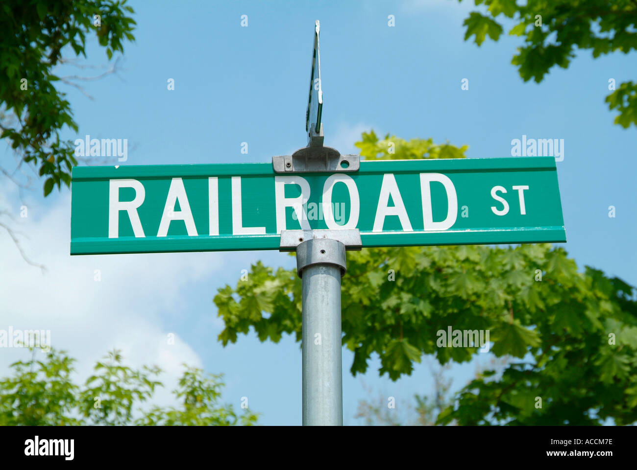 Street direction sign showing location of railroad street road Stock ...