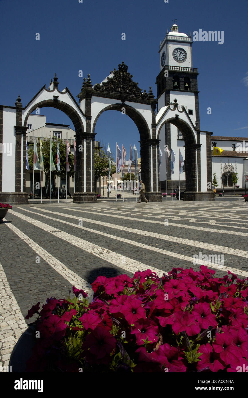 Original city gates of Ponta Delgada with main church behind Sao Miguel ...