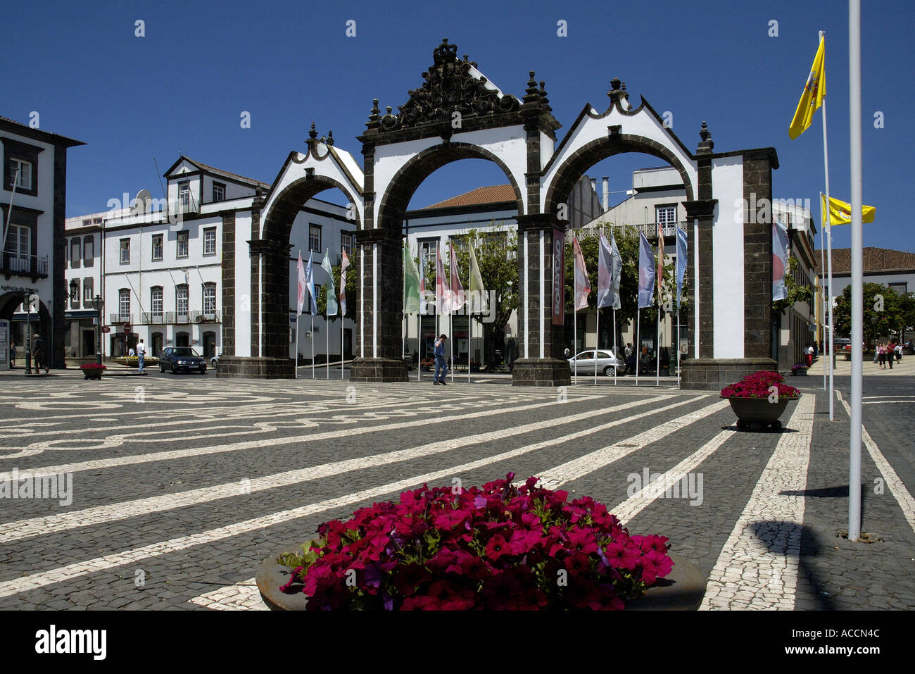 Original city gates of Ponta Delgada with main church behind Sao Miguel ...