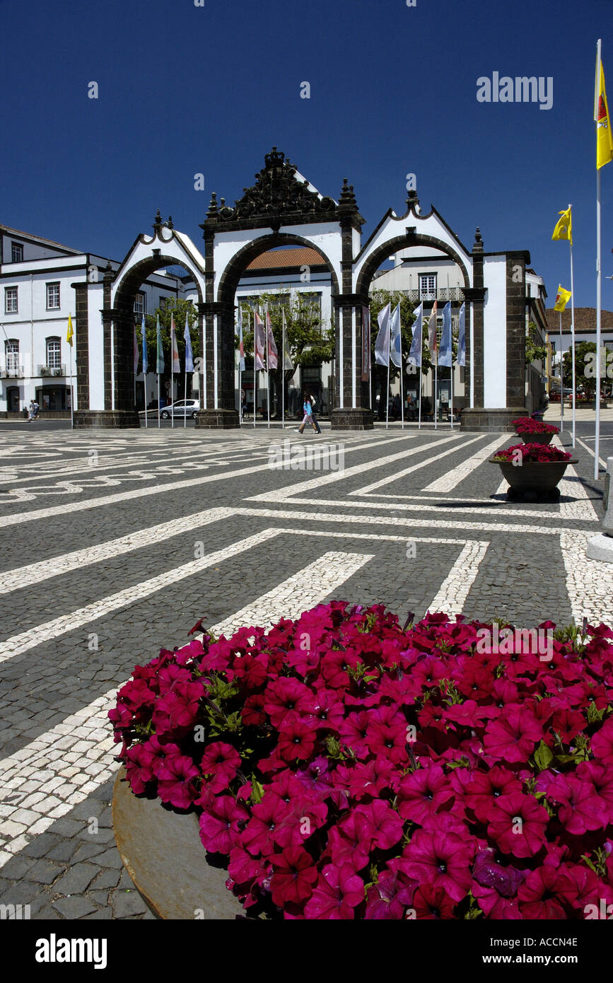 Original city gates of Ponta Delgada with main church behind Sao Miguel ...