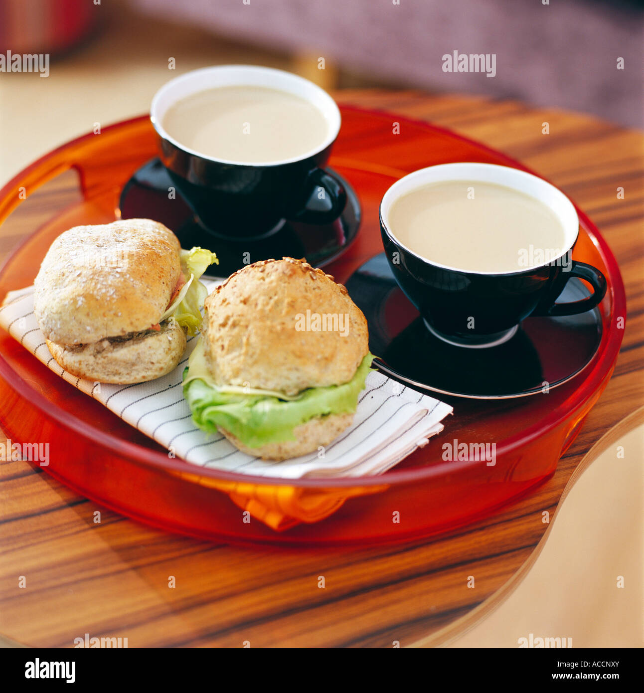 Coffee and sandwiches on a tray Stock Photo - Alamy