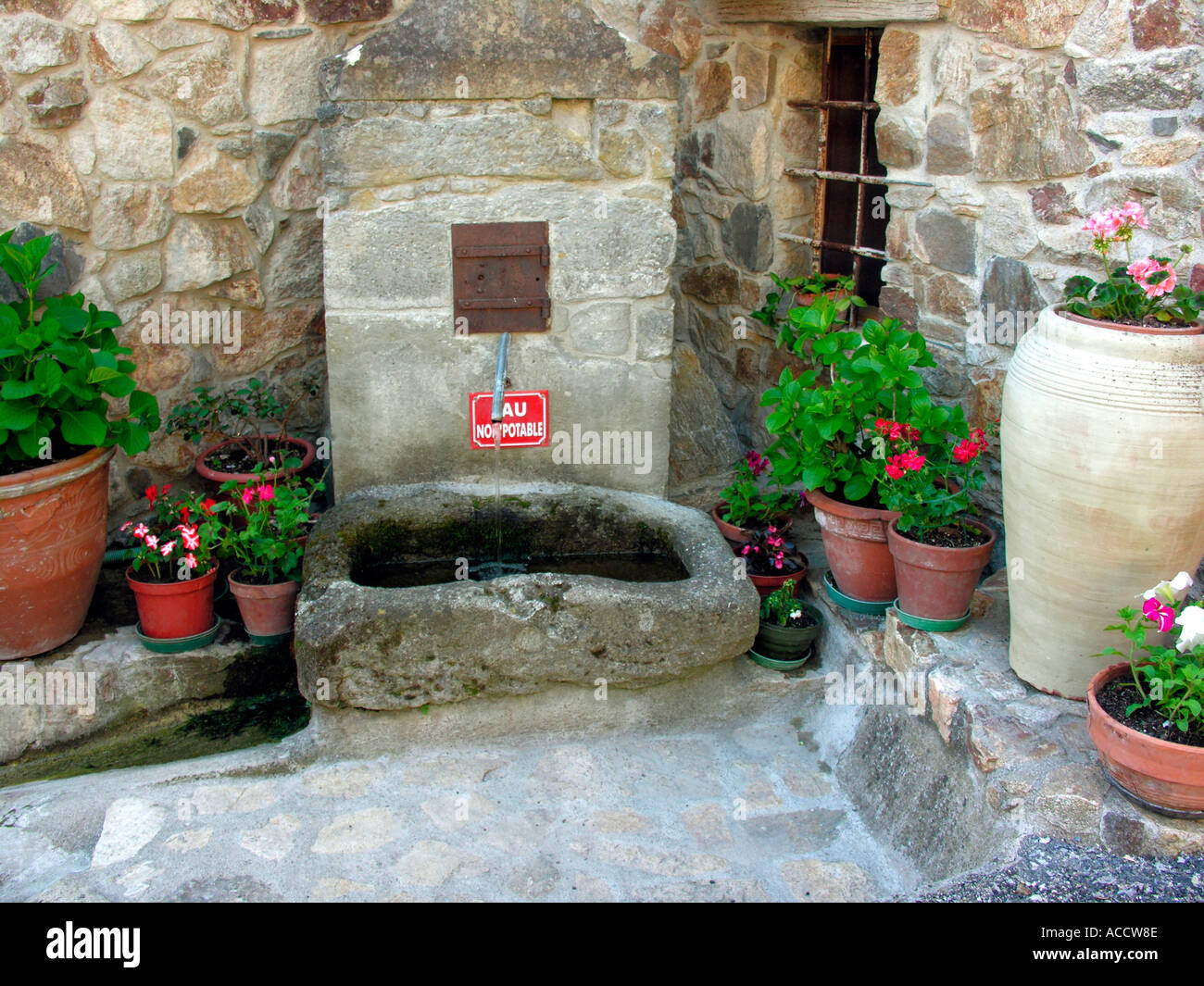 flower pots at an old tap made of stone Stock Photo - Alamy