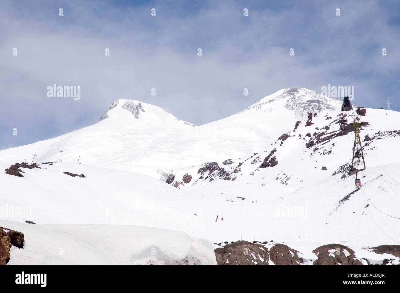 The twin peaks of Mount Elbrus in the Caucasus mountains of South ...
