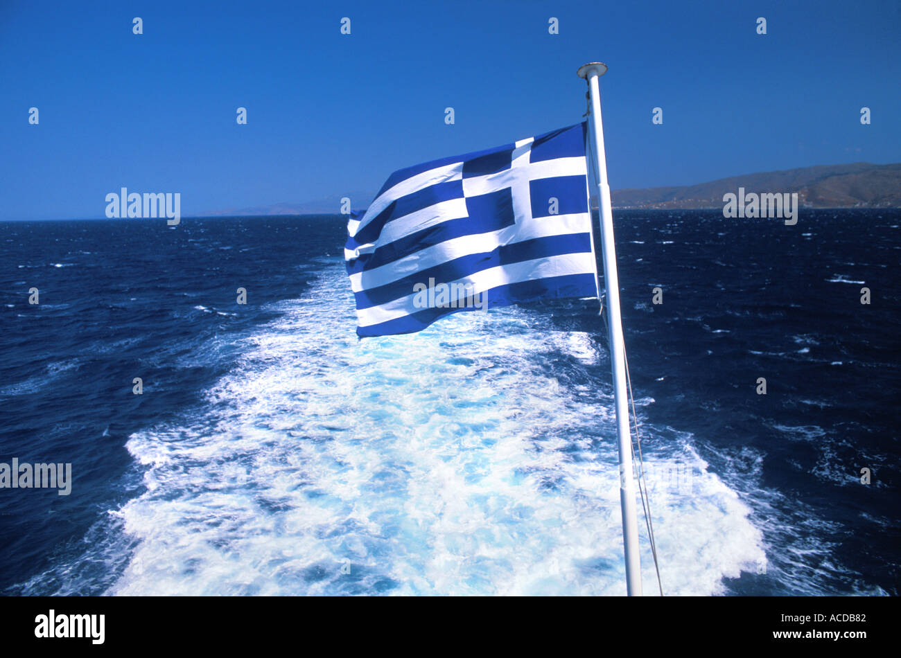 GREECE CYCLADES ISLANDS GREEK FLAG ON A FERRY Stock Photo - Alamy