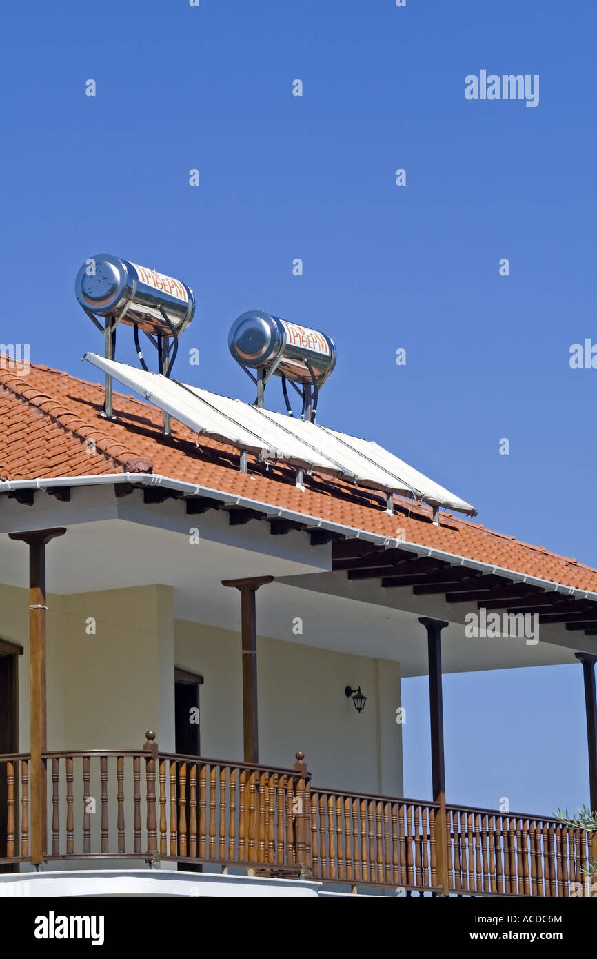 Solar Panels On Roof In Thassos Island In Northern Greece Stock Photo ...