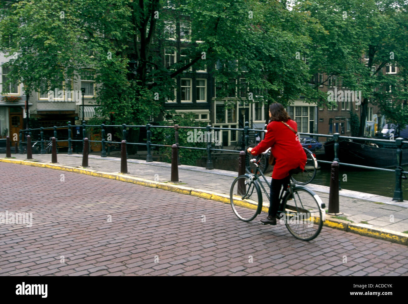 1, on,e Dutch woman, bicyclist, riding bicycle, Prinsengracht ...