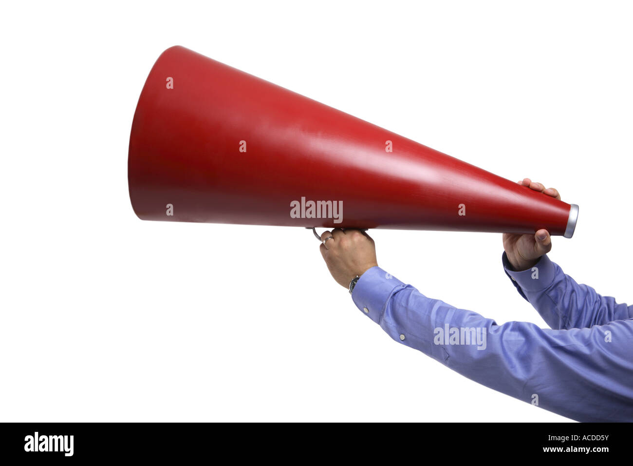 Hands holding megaphone cut out on white background Stock Photo - Alamy