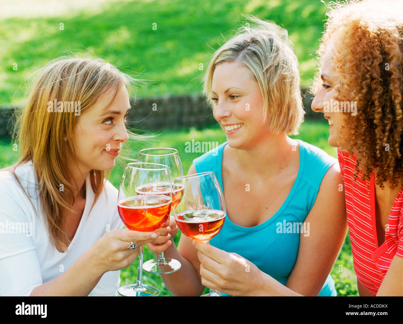Three women toasting outdoors Stock Photo - Alamy