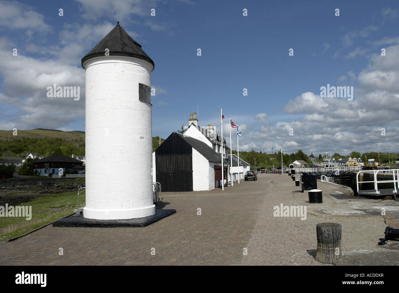 The lighthouse and office buildings at the entrance to the Caledonian ...