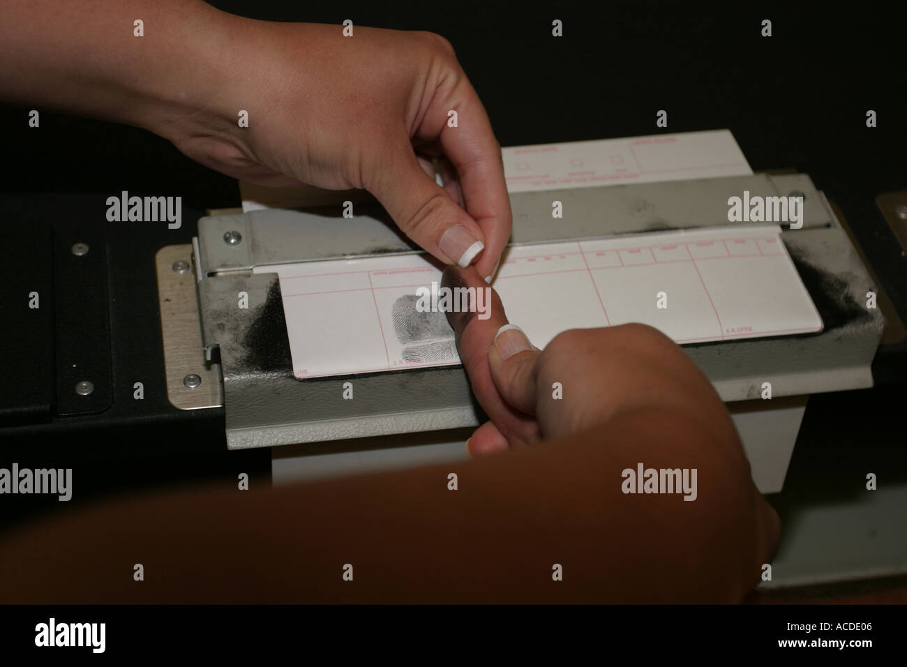 Female Deputy sheriff fingerprinting male arrestee at the local jail ...