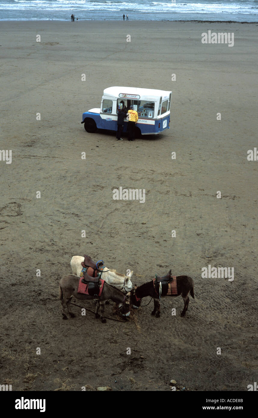 English seaside town of Whitby An ice cream van and donkeys on the ...
