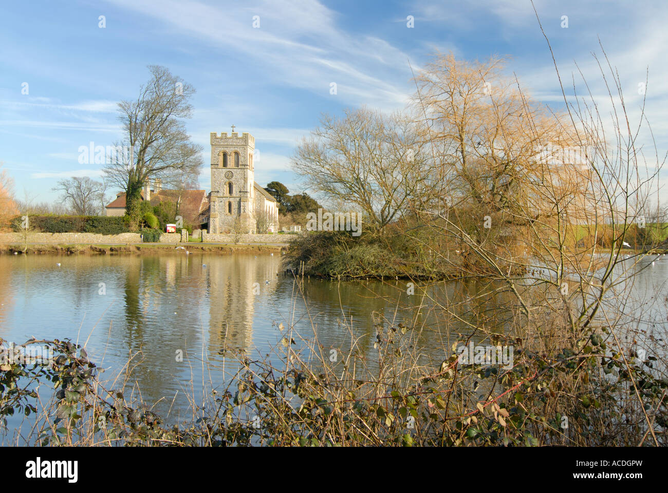 South Falmer Village near Brighton East Sussex Showing pond and neo ...