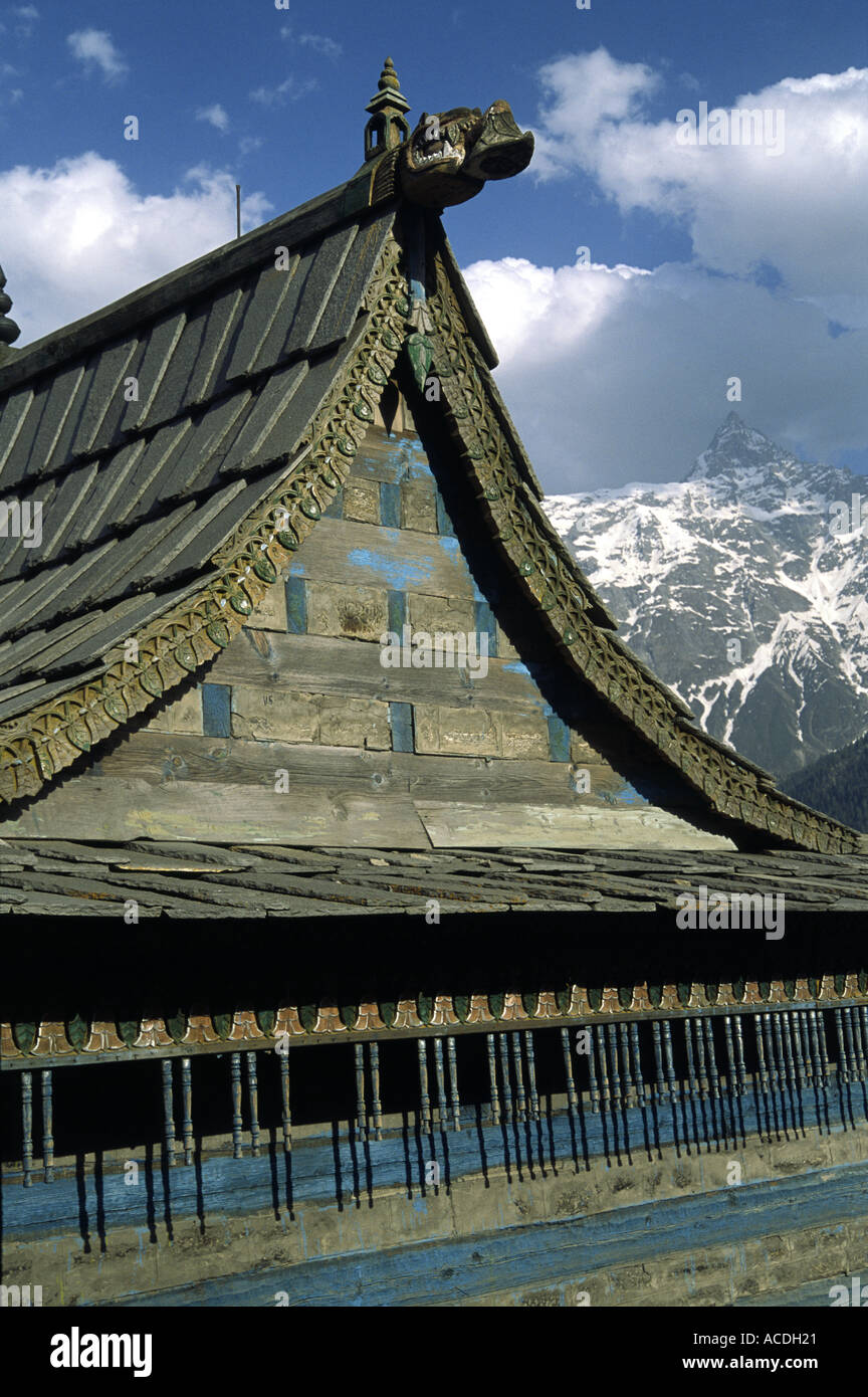 Upright view of the roof end of a traditional wooden hut in Kalpa HP ...