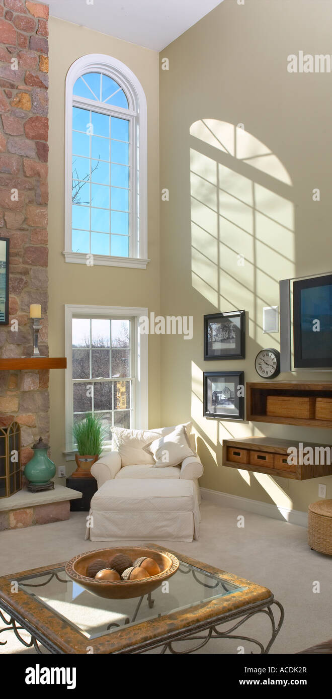 Sun Light Shing Through High Window In Living Room Den, USA Stock Photo ...