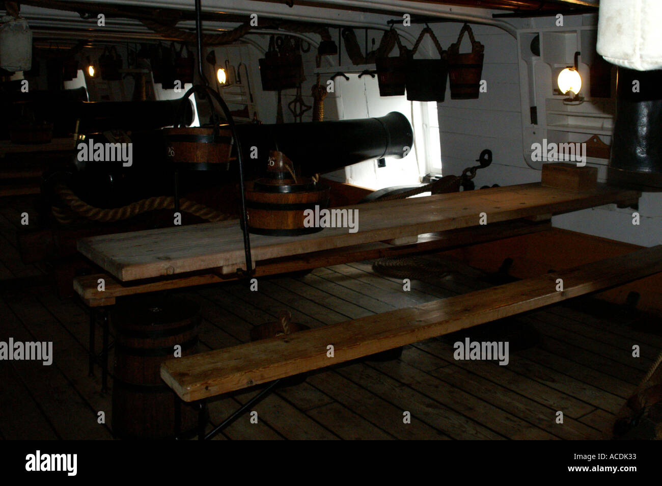 Cannon and crew dining table in HMS Warrior Royal Naval base Portsmouth ...