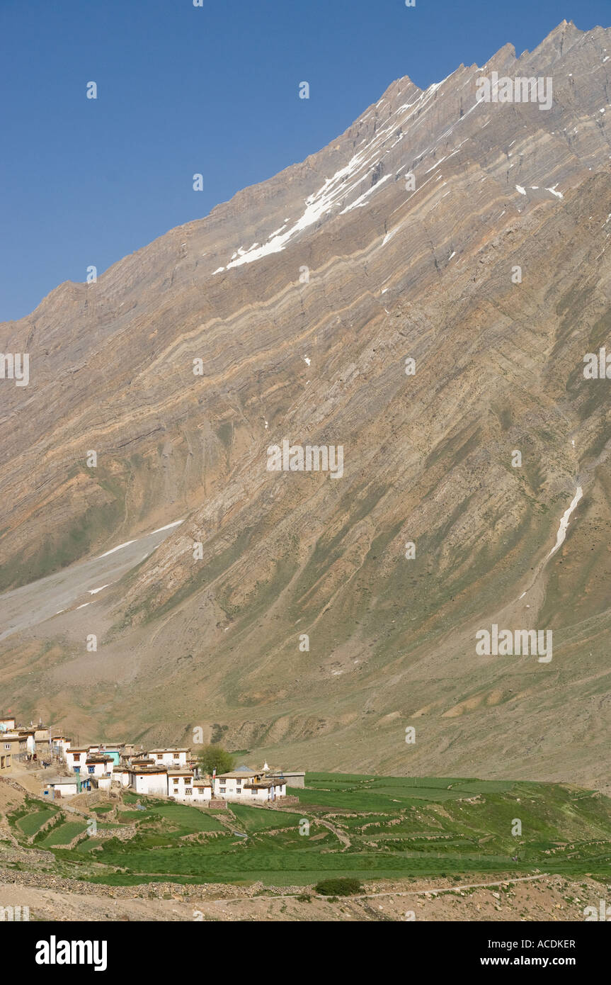 India Himachal Pradesh Spiti Pin valley Mud view of village from afar ...