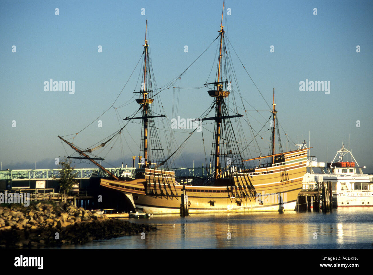 Replica of the Mayflower or Pilgrims moored at Plymout/Plimouth ...