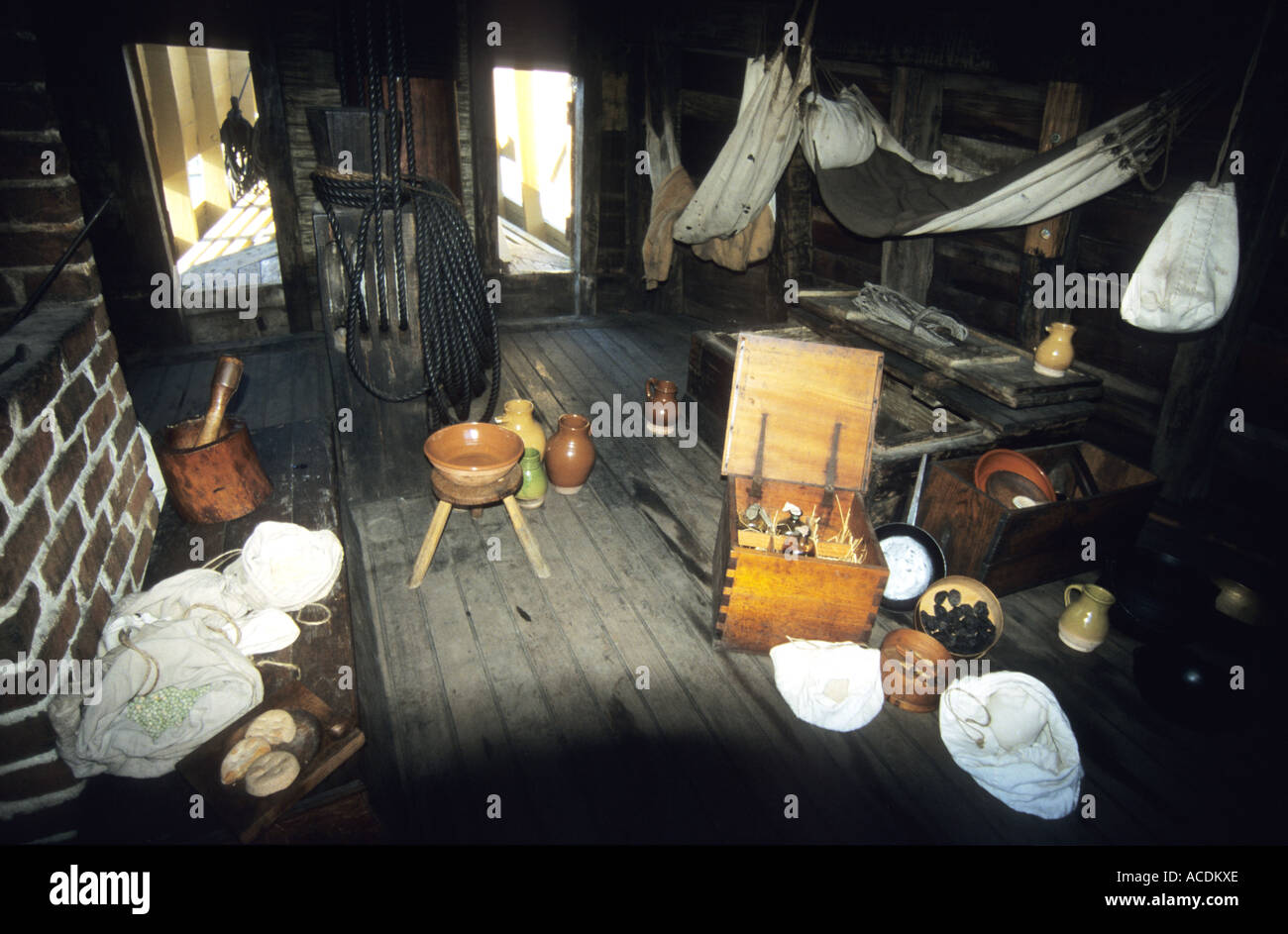 Interior of the replica of the Pilgrim Fathers ship the "Mayflower" in ...