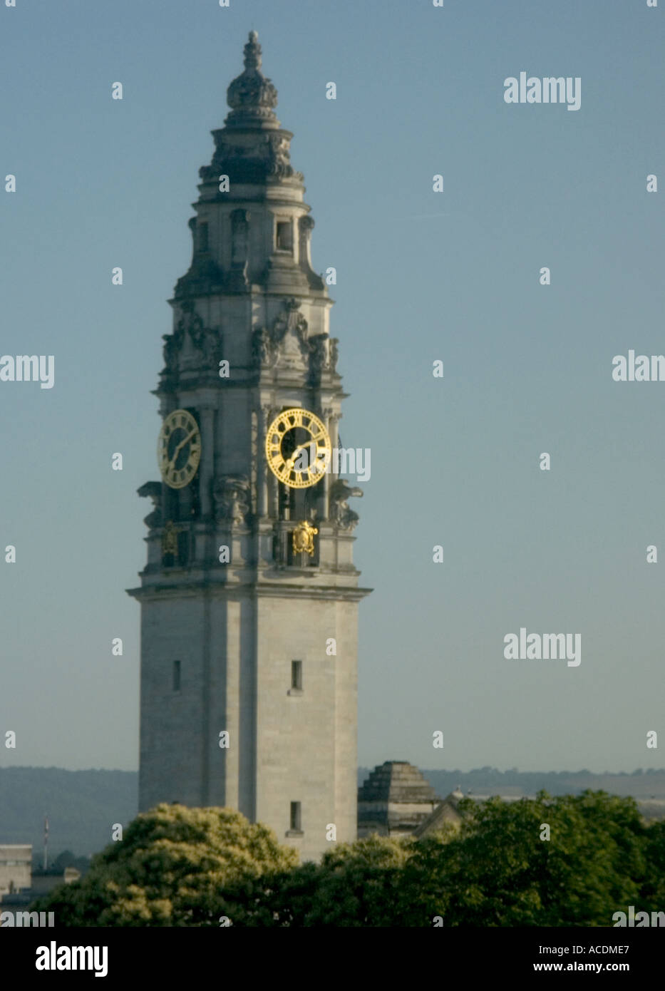 Clock tower, Cardiff Civic centre in the morning sun Stock Photo - Alamy