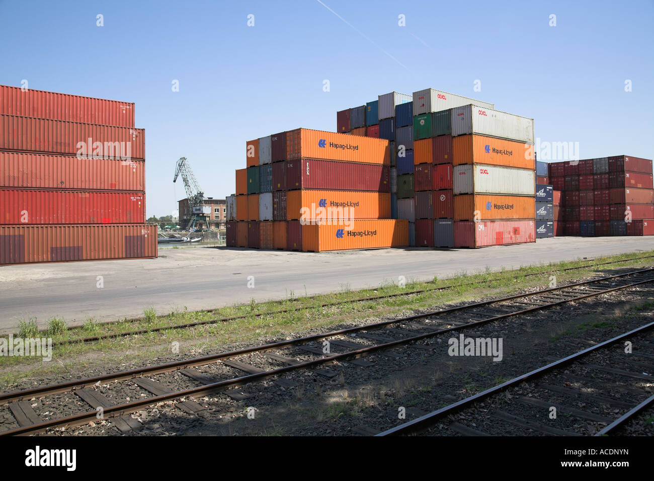 Cargo containers stacked at the main container port in Mainz, Rhine ...