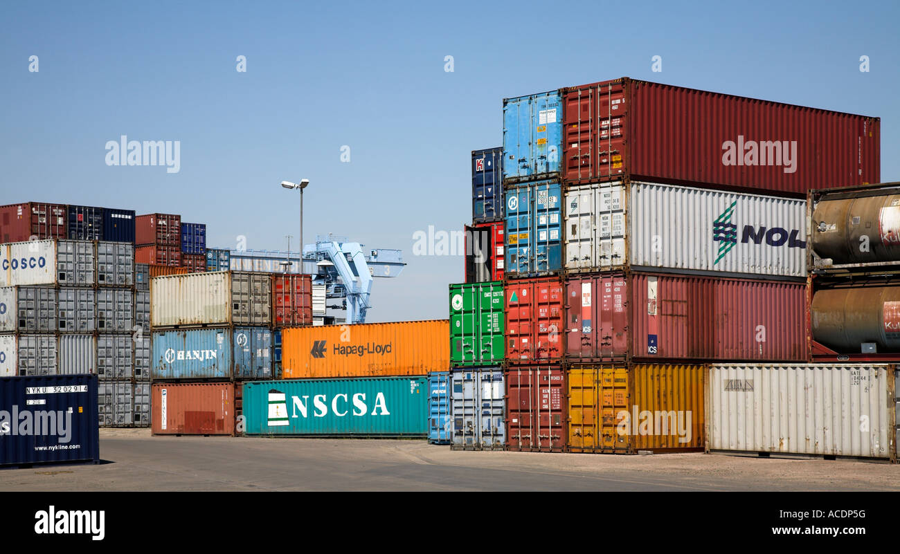 Cargo containers stacked at the main container port in Mainz, Rhine ...