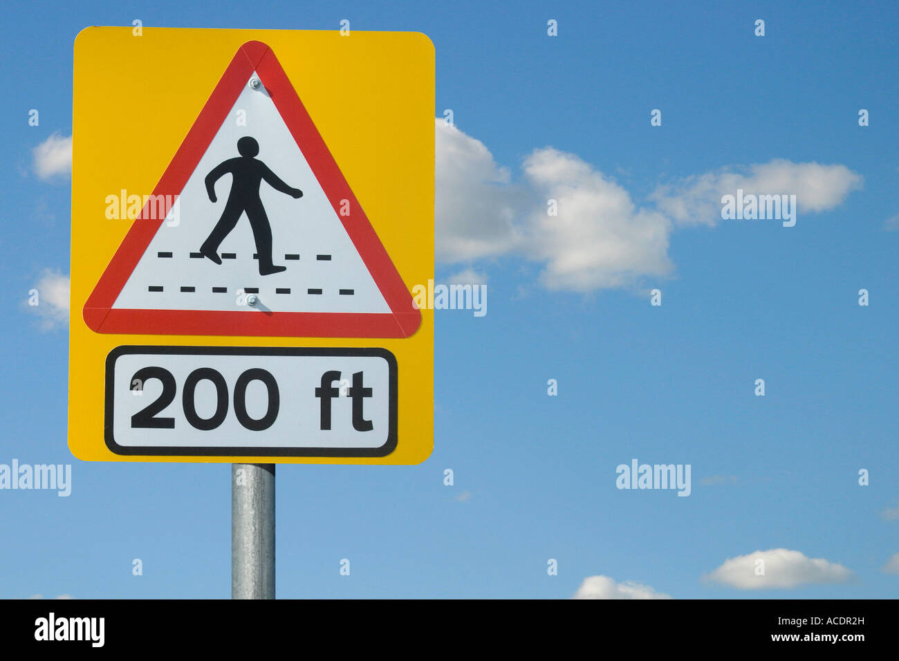 Pedestrian crossing ahead 200 ft road sign Stock Photo - Alamy