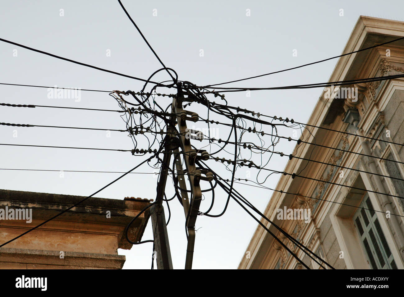 Electrical power lines like these are common in Chania, Crete, Greece ...